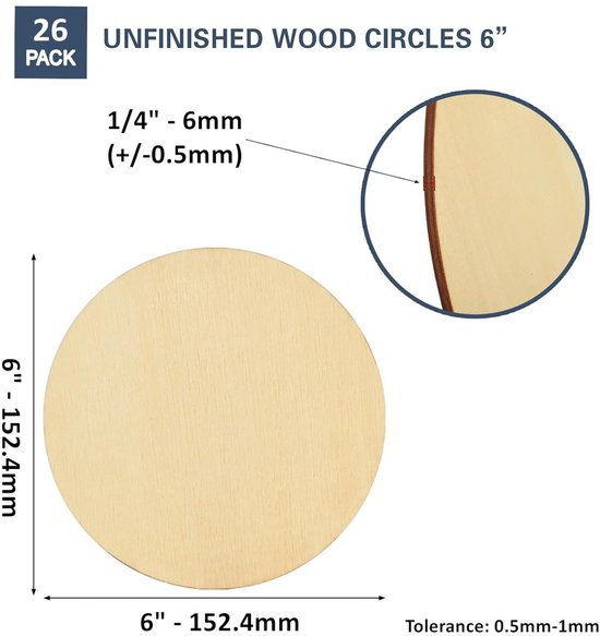 Houten schijven - 6 mm dik - set van 26 - 15 cm - voor knutselen | bol