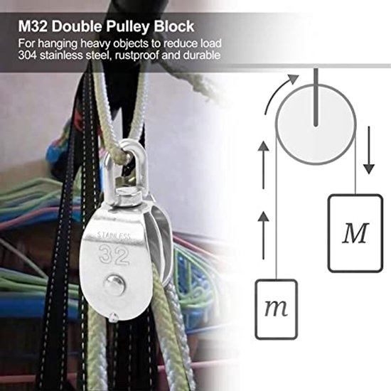 2PCS Double Pulley Block, Cable Pulley Block M32 Roller Wheel Stainless ...