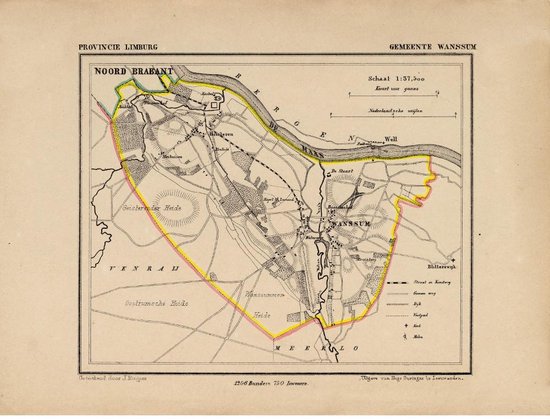 Historische kaart, plattegrond van gemeente Wanssum in Limburg uit 1867 ...