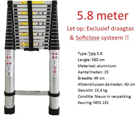 Telescoop telescopische Ladder - 14 treeds - Werkhoogte 5,80 m | bol.com