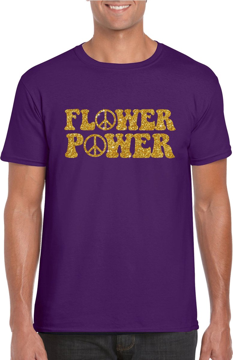 Toppers Paars Flower Power t-shirt peace tekens met gouden letters ...