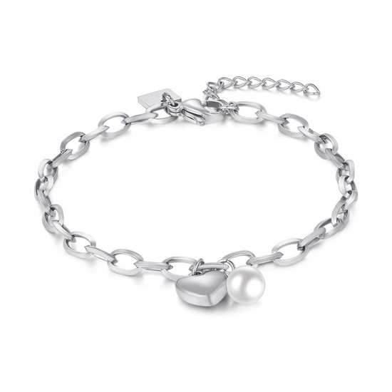 Onbepaald Armband in edelstaal, ovale schakels, hart, 1 parel 16 cm+3 ...
