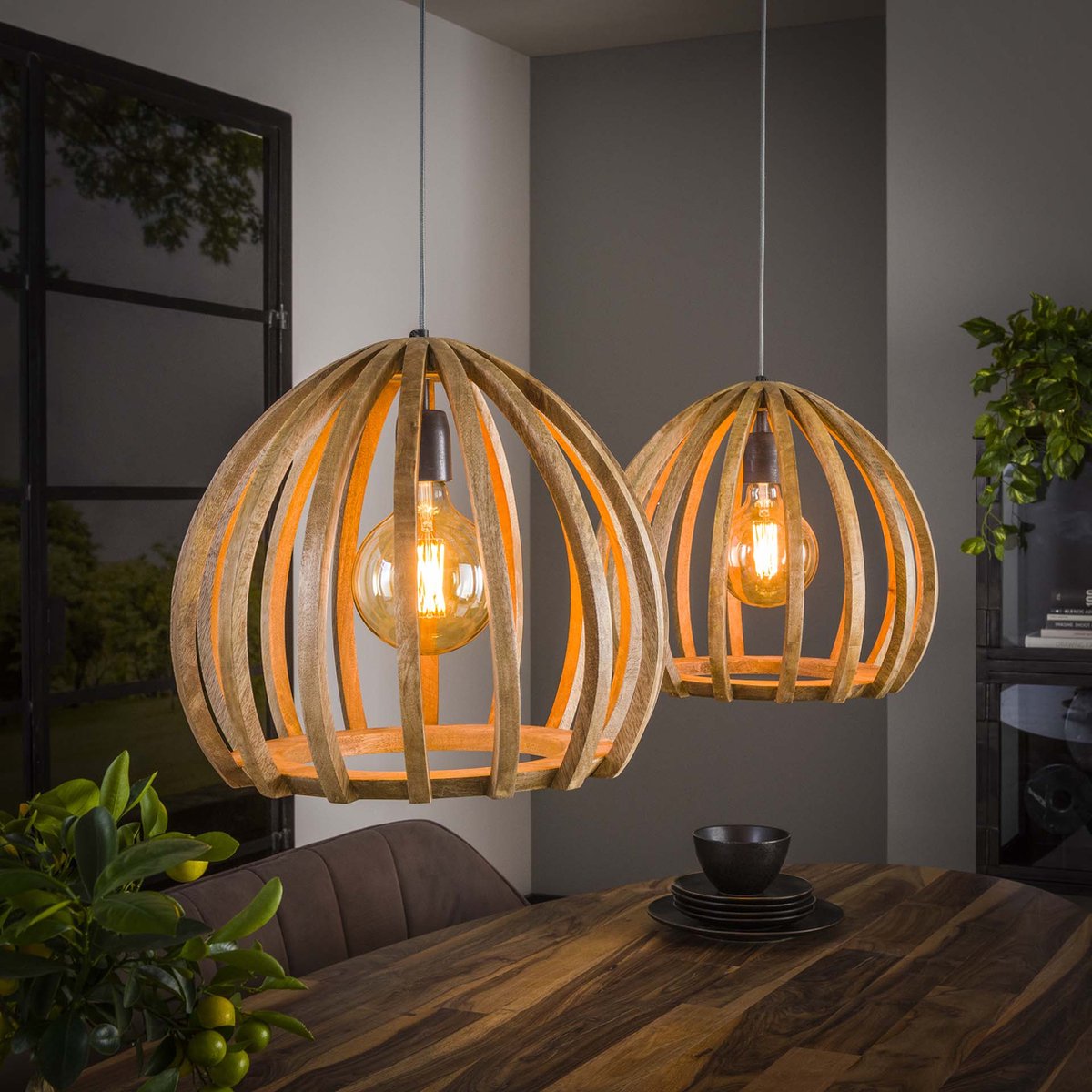 Crea - Hanglamp 2L- gebogen houten spijlen - Mango hout - Industrieel ...