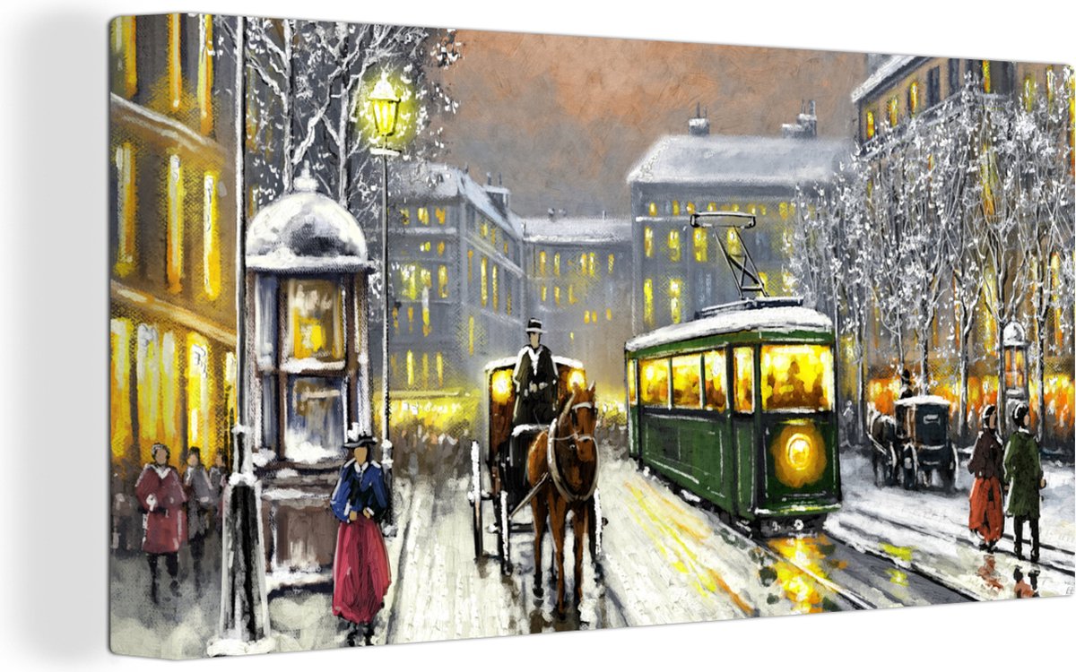 Canvas - Schilderij - Oil painting - Tram - Winter - Paard - 80x40 cm ...