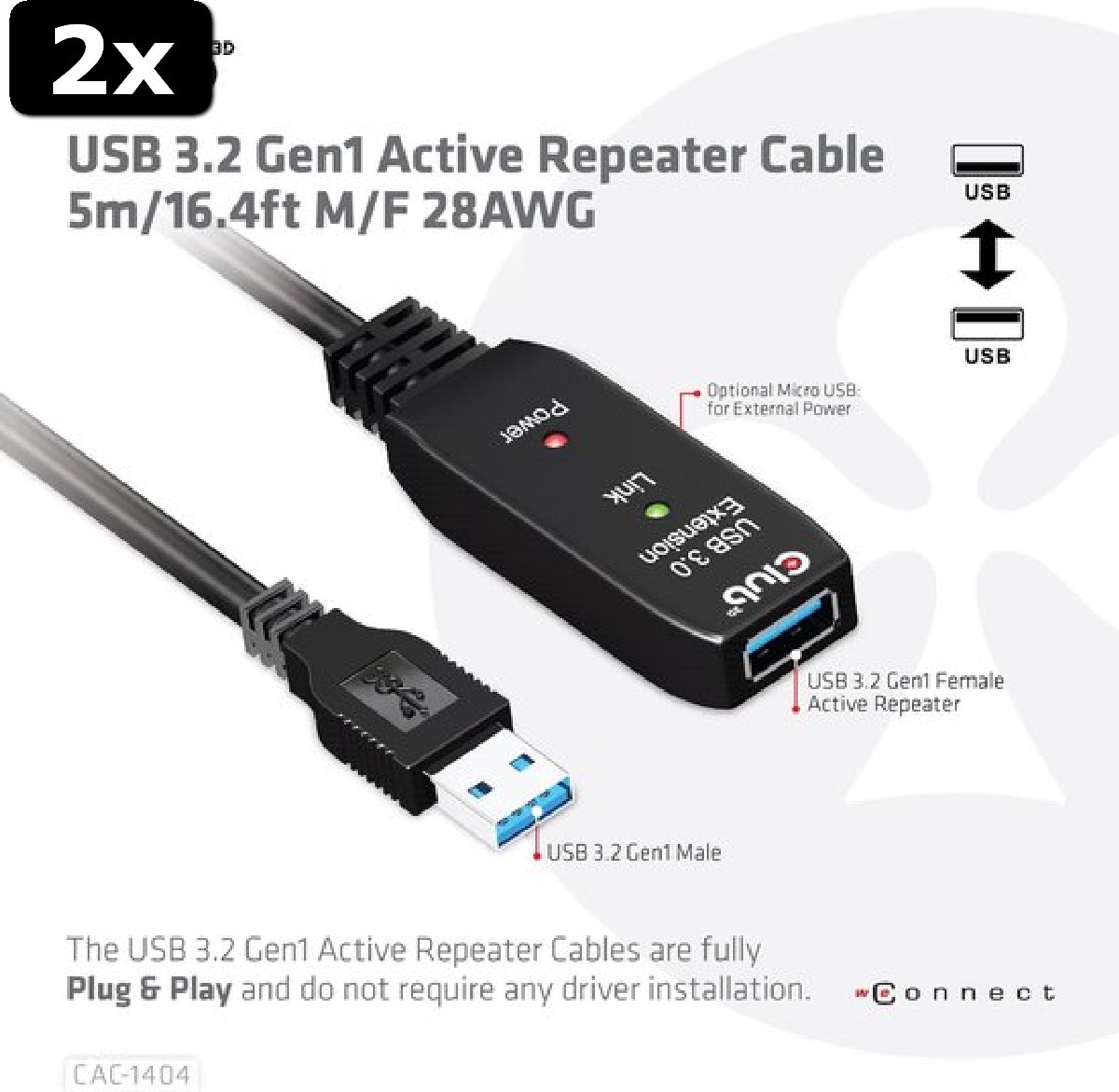 2x USB TYPE A GEN 1 ACTIVE REPEATER CABLE 5METER 16.40FT SUPPORTS UP TO ...