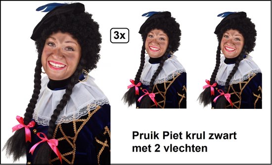 3x Pieten pruik luxe krul zwart met 2 vlechten - Pruik Piet Sinterklaas ...