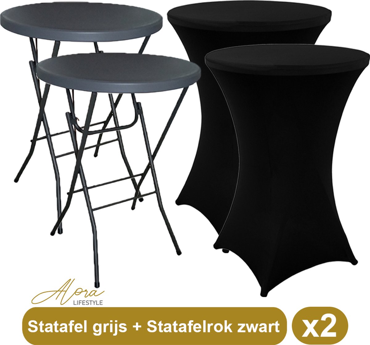 2x Grijze Statafel + Zwarte Statafelrok x 2 – 80 cm Dia x 110 cm hoog – Cocktailtafel... | bol.com