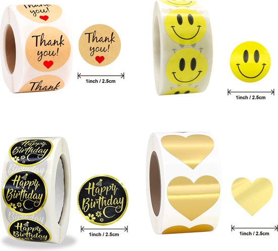 2000 Stickers - Smiley, Hartje, Thank You en Verjaardag - 4 Designs ...