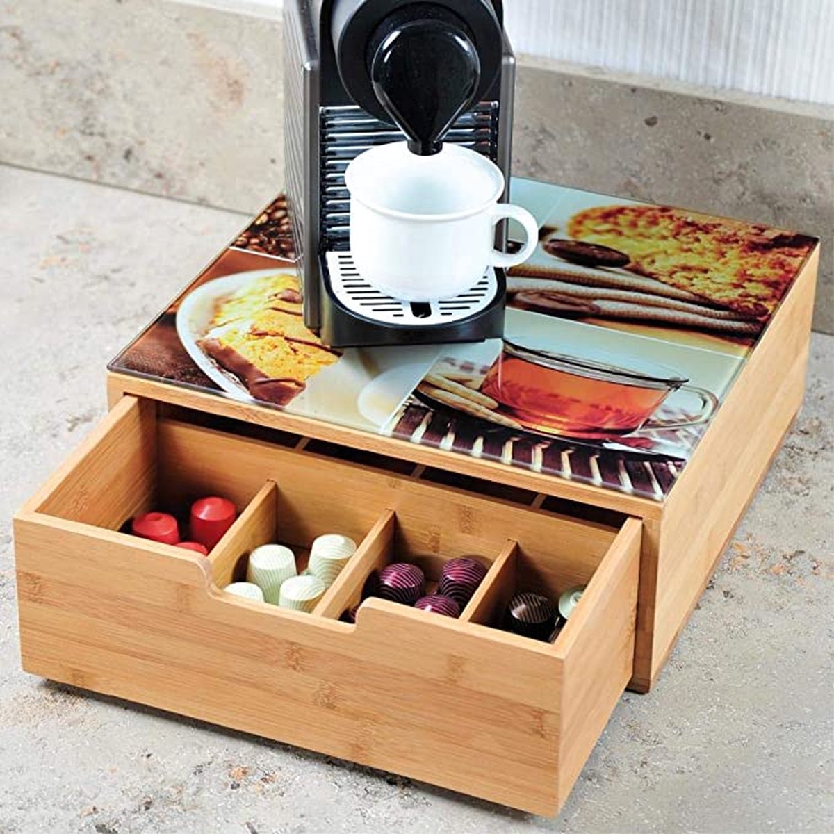 Bamboo Koffie en Thee kastje met decoratieve glasplaat - Thee box ...