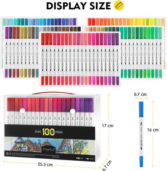 Magicfly Dual Tip Stiftenset - 100 kleuren - Brushpennen - Stiften Set ...