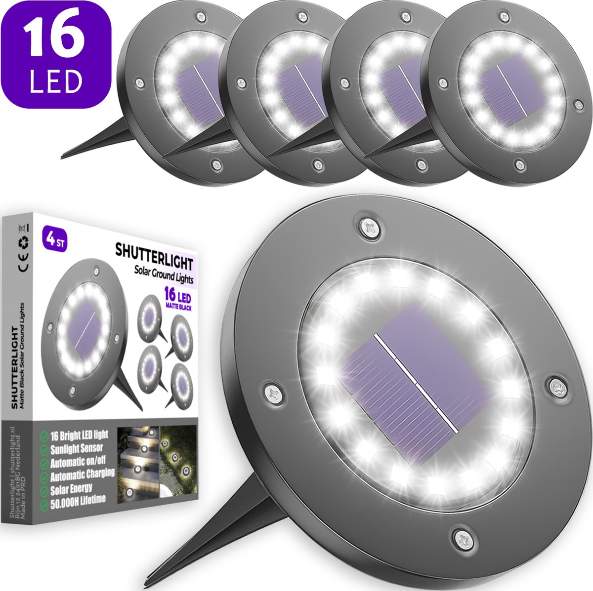 Shutterlight® 16 LED Solar Grondspot - Wit Licht - 4 Stuks - Solar ...