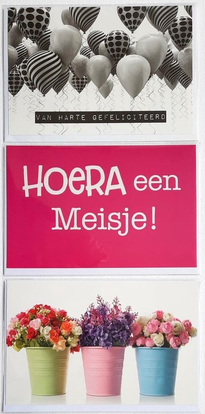 3 Wenskaarten - Hoera een Meisje + Bloemen + Van Harte Gefeliciteerd ...