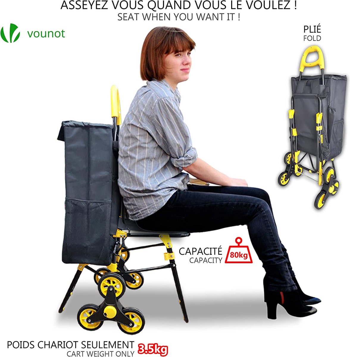 VOUNOT Chariot de Courses Pliable avec Siège et Sac Glacière, Chariot ...