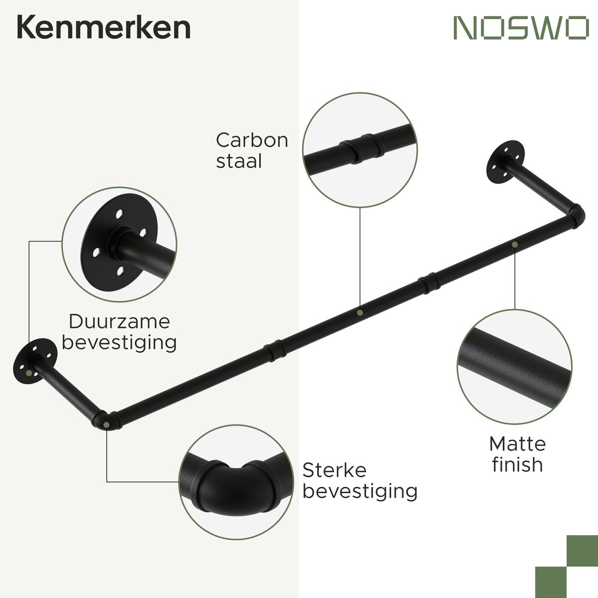Noswo Kledingstang voor aan de Muur – Hoogwaardige Stalen Kledingroede ...