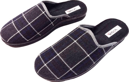 Instap Sloffen Heren – Pantoffels – Zwart Wit/Blauwe Ruit maat 43 | bol.com