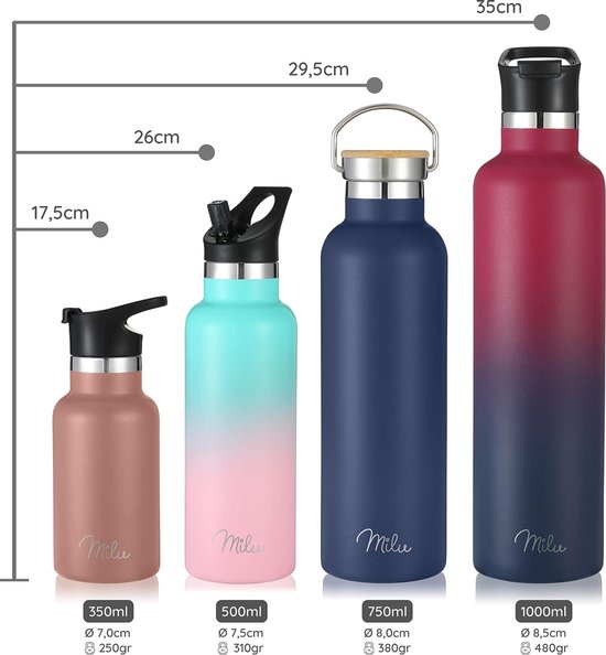 Gourde en acier inoxydable 350 ml, 500 ml, 750 ml, 1000 ml (+3 couvercles) bouteille... | bol