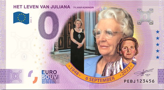 0 Euro biljet Nederland 2023 - Het leven van Juliana 75 jaar koningin ...