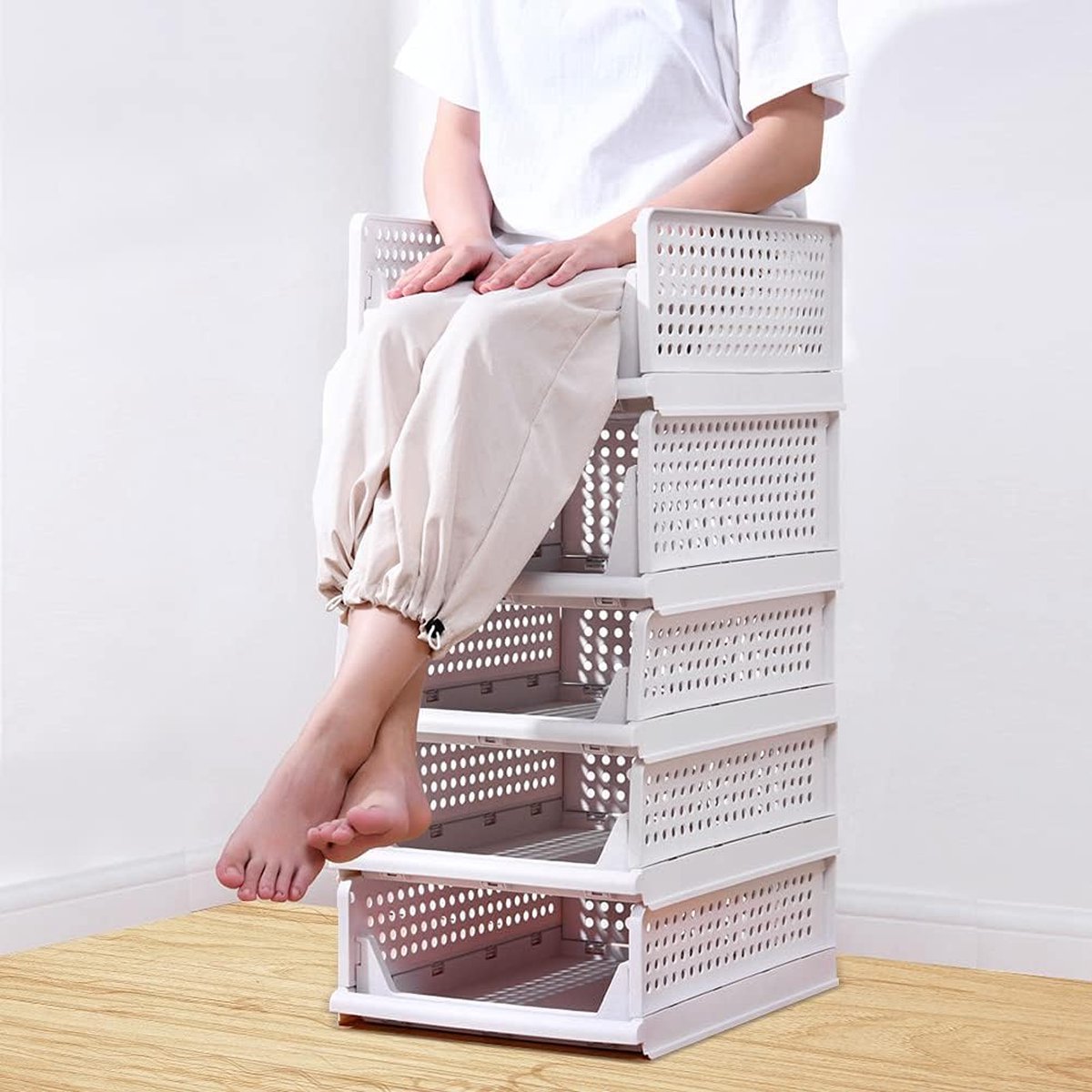 Set van 5 opvouwbare plastic opbergdozen, ladekast, stapelbare ...