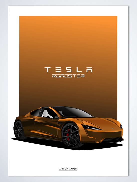 Tesla Roadster Oranje op Poster - 50 x 70cm - Auto Poster Kinderkamer ...