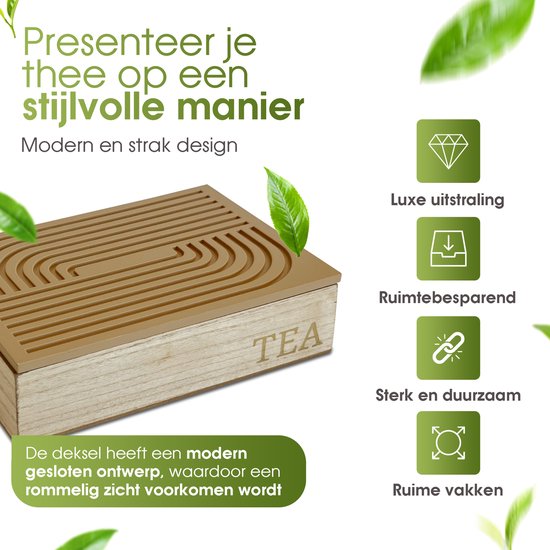 HOMBLE Theedoos - 6 Vakken - Moderne Theekist - Ruime Vakken - Hout | bol