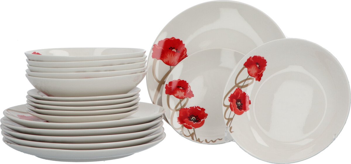 Maxime Home Klaproos servies 6 persoons 18 delig - Wit/Rood | bol.com