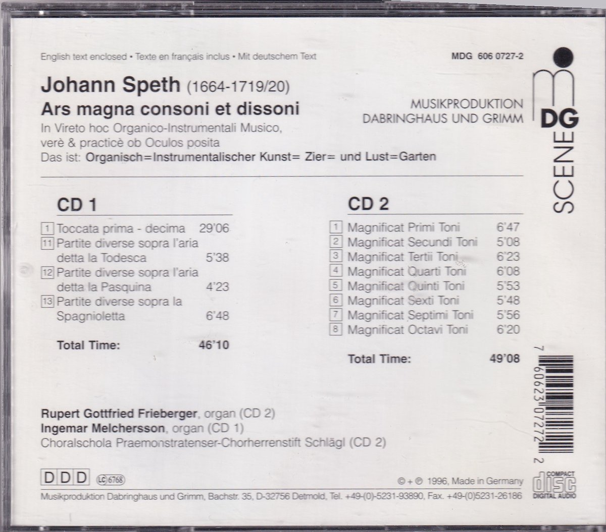 2CD Ars magna consoni et dissoni - Johann Speth - Rupert Gottfried ...