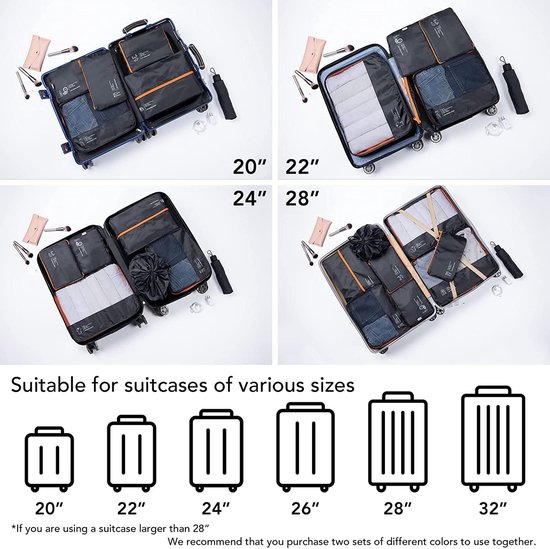 8-delige koffer-organizerset, reis-packing cubes, pakzakken voor ...