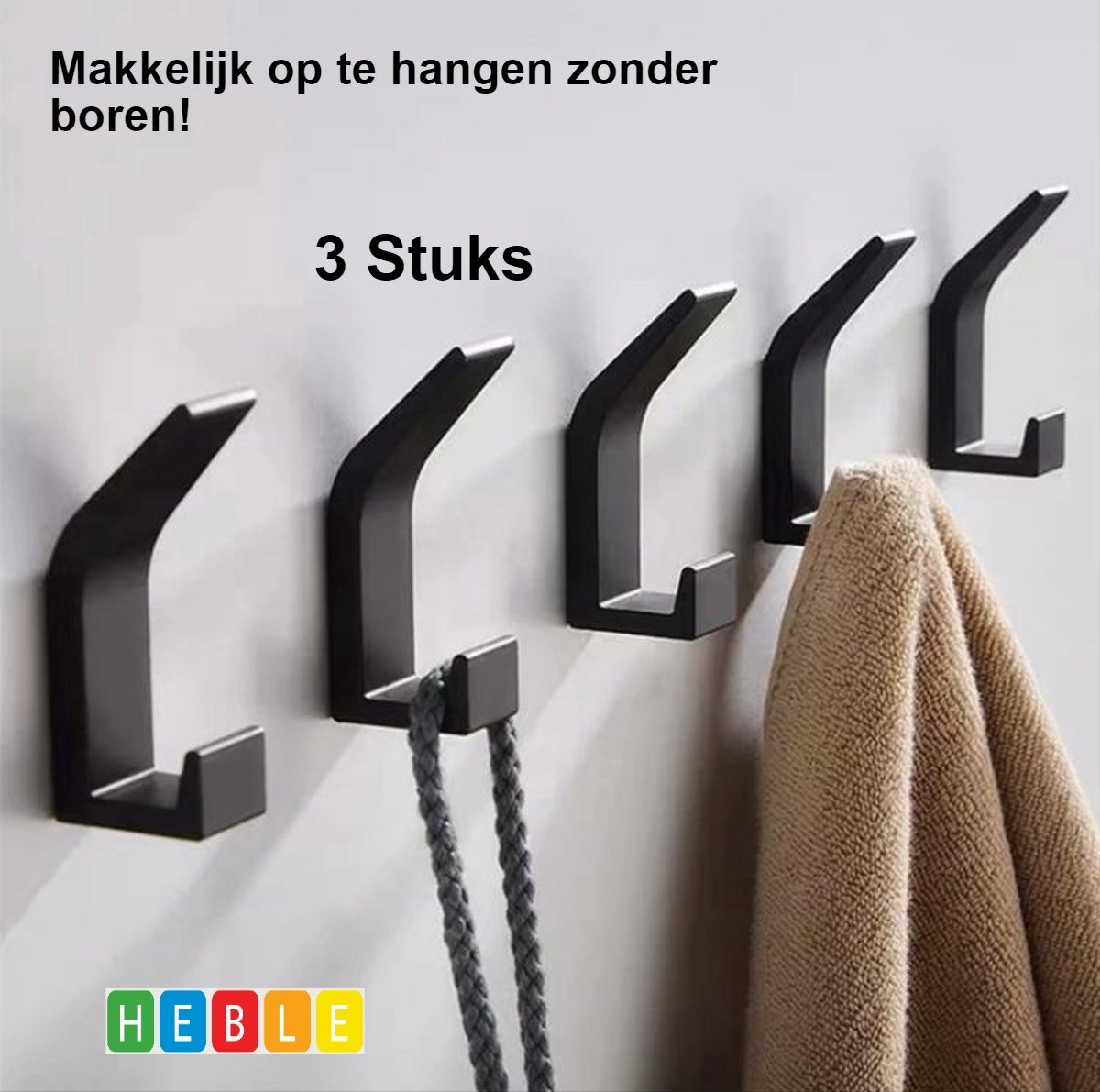 ***Set van 3 Zwarte Ophanghaken - Zonder Boren - Jashaak, Wandhaak ...