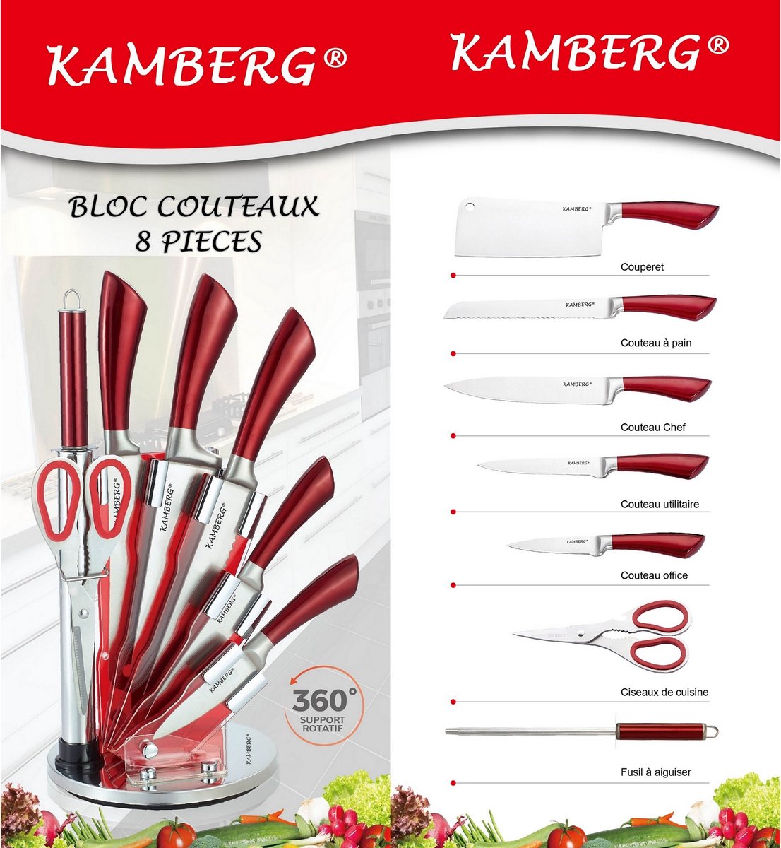 Luxe Messenset 8 delig Inclusief standaard - Keukenmessen - Rood / RVS ...
