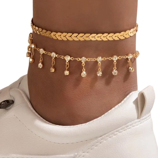 Set van 2 Enkelbandjes - Goudkleurig - 2 Stuks - Diamantjes ...