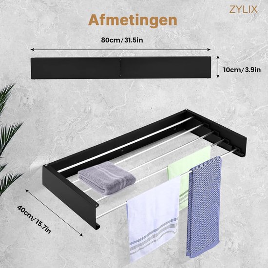 Zylix Wanddroogrek Zwart 80 cm - Inklapbaar - Incl. Boormal - Wasrek ...