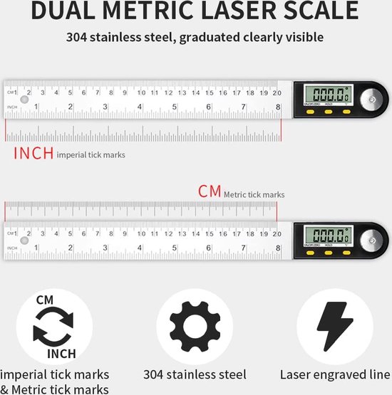 Hoekmeter, digitale hoekliniaal, met lcd-display, roestvrij staal ...