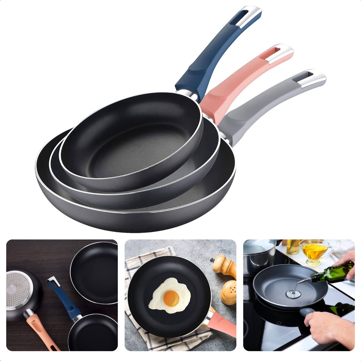 Cheqo® Set de 3 Poêles à frire 18/20/24 cm - Set de Poêles - Poêle à Frire pour... | bol.com