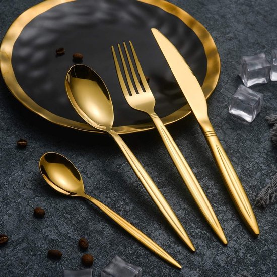 24-delige titanium vergulde roestvrijstalen bestekset, 24-delige gouden ...
