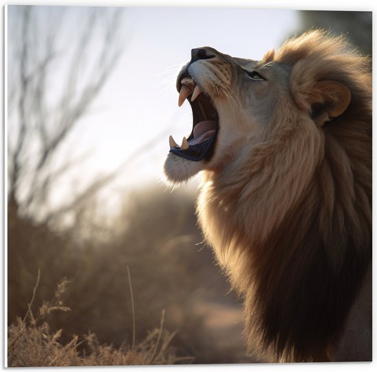 PVC Schuimplaat - Brullende Leeuw op Bospad - 50x50 cm Foto op PVC Schuimplaat (Met... | bol