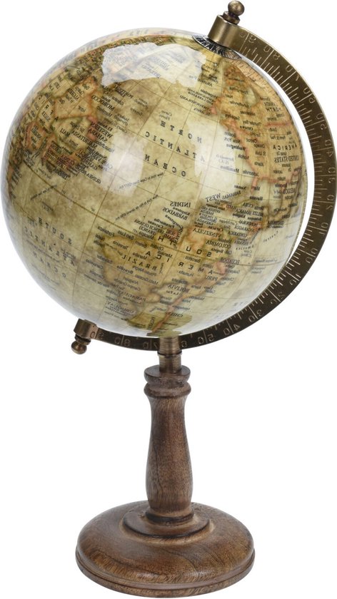 Decoratie wereldbol/globe beige op mangohouten voet/standaard 16 x 32 ...