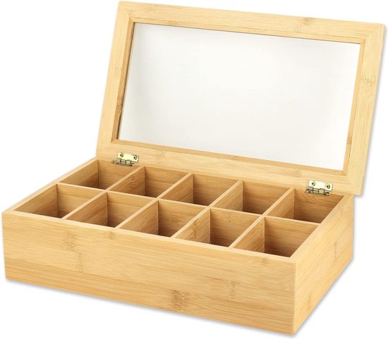 Theedoos van bamboe, theebox, deksel, 36 x 20 x 9 cm, met 10 vakken ...