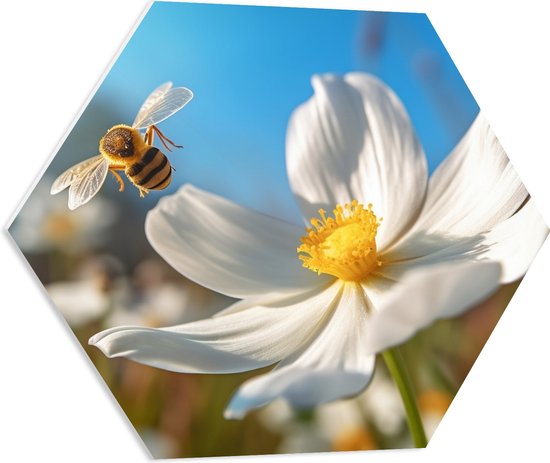 PVC Schuimplaat Hexagon - Bloemen - Wit - Bij - Dier - Insect - 60x52.2 ...