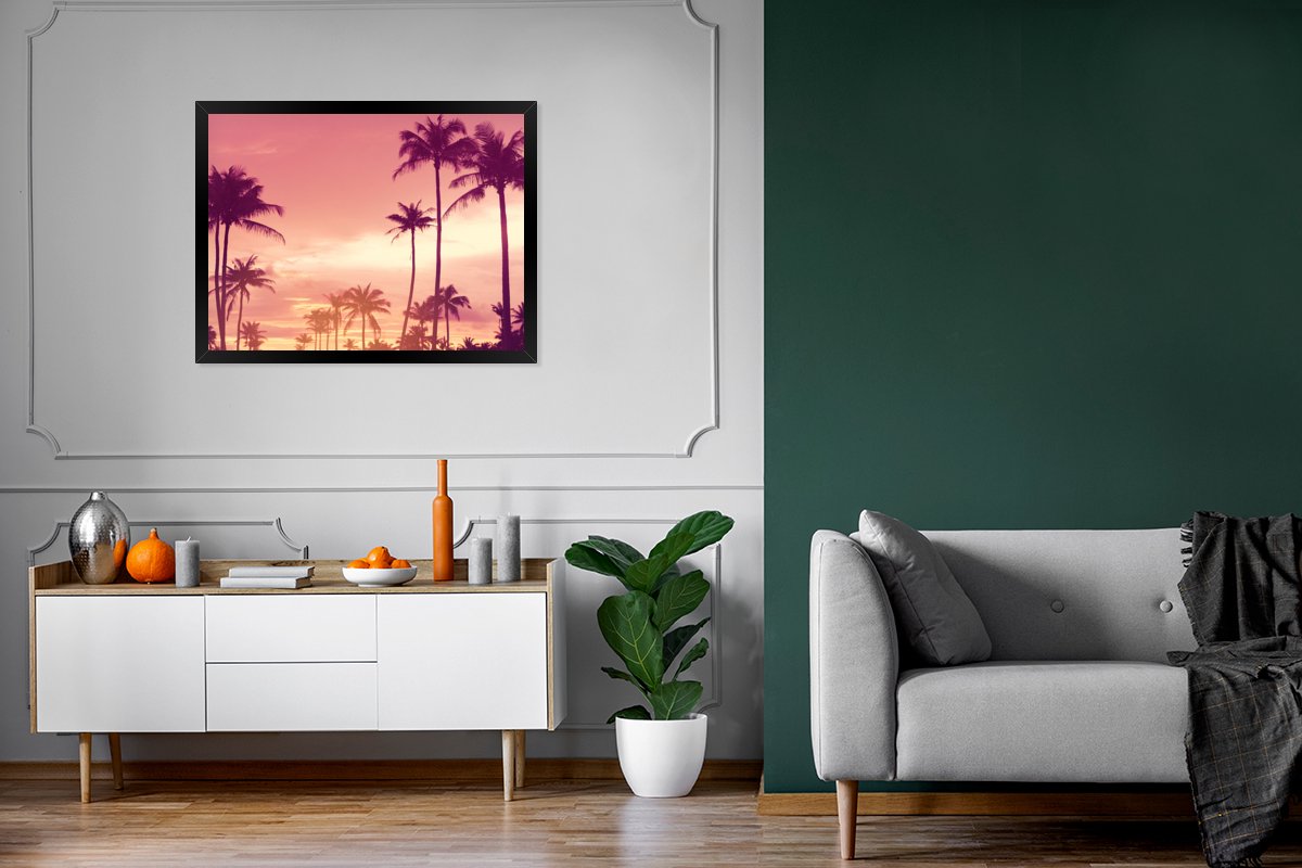 Poster - Fotolijst - Poster met frame - Palmboom - Roze - Zon ...