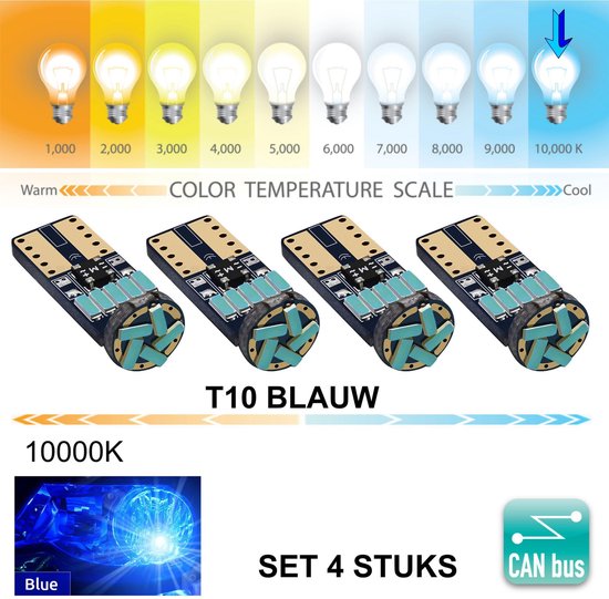 4x T10 Led Lamp Blauw (Set 4 stuks) 10000K Canbus 5W5 | W5W | Blue ...