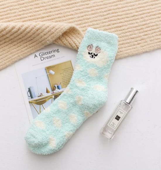 Fluffy sokken dames - blauw - print schaap - huissokken - dikke sokken ...