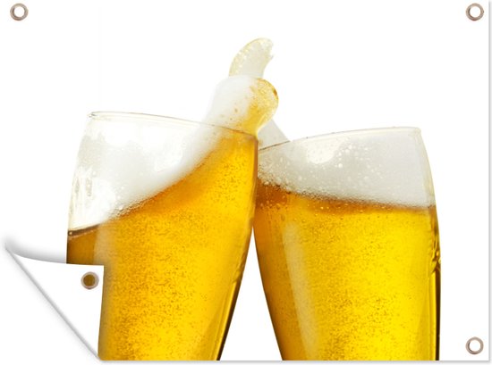 Muurdecoratie buiten Proostende biertjes op een witte achtergrond ...