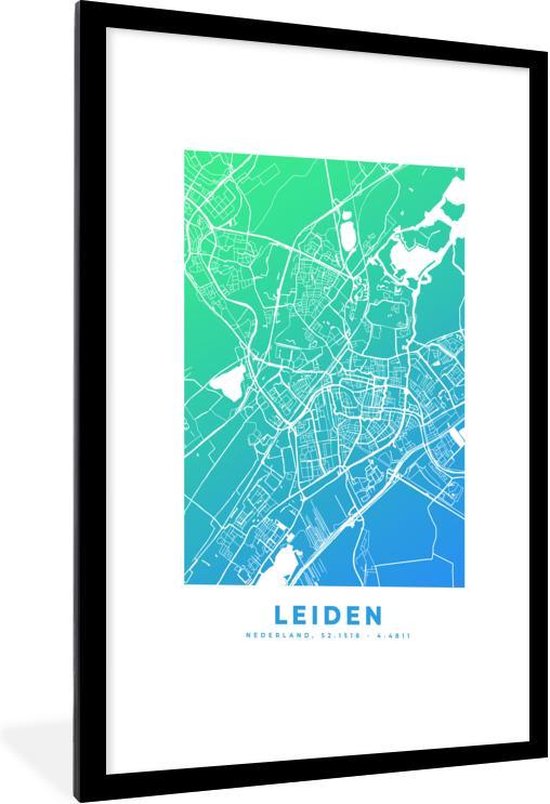 Fotolijst incl. Poster - Stadskaart - Leiden - Nederland - Blauw ...