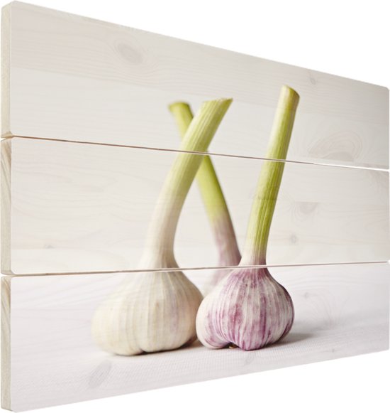 Wanddecoratie hout - Close-up van paarse knoflook met groene stengels ...