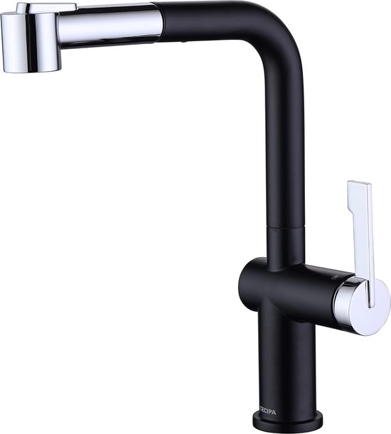 Hogedruk keukenkraan, uittrekbaar, zwart chroom, keukenkraan met sproeier, uittrekbaar... | bol