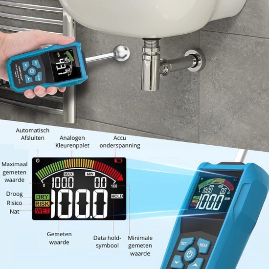 Professionele Vochtmeter met kleur LCD - Blauwe vochtmeter voor muren ...