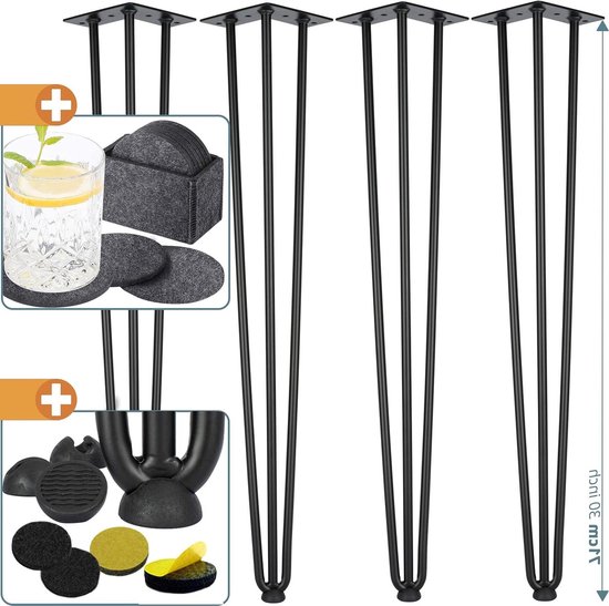 4X Haarspeldpoten In Zwart Roestvrij Metaal - Meubel Benen 41 Cm ...