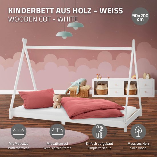Kinderbed Tipi 90x200 cm wit gemaakt van grenenhout incl. matras H-10cm ...