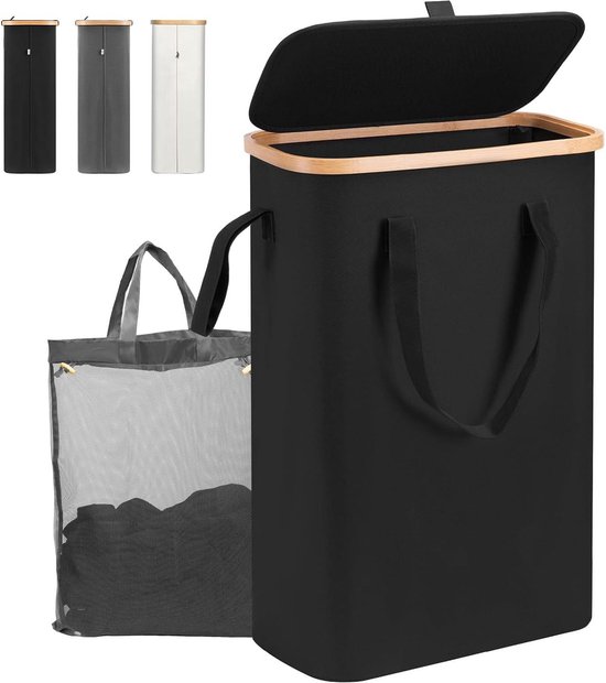 Smalle wasmand met deksel 52 liter - Opvouwbare bamboe wasmand met waszak en... | bol