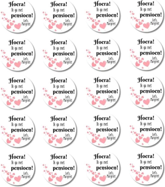 Gepersonaliseerde stickers - Hoera ik ga met pensioen - Liefs - Rond - 4 cm - 20 stuks... | bol
